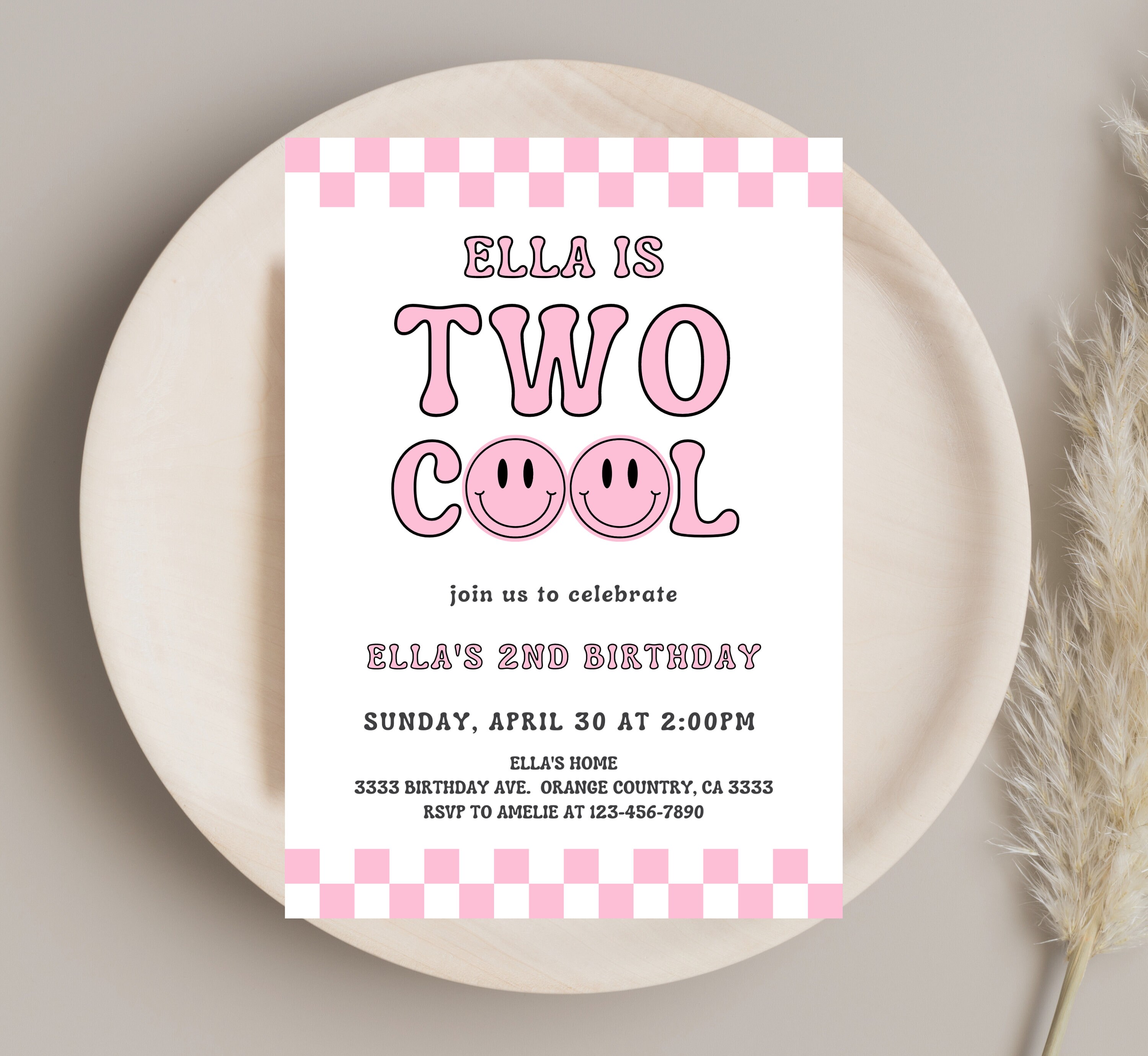 Two Cool Invitation for Girl Happy Face Invite Checkered Invitation ...