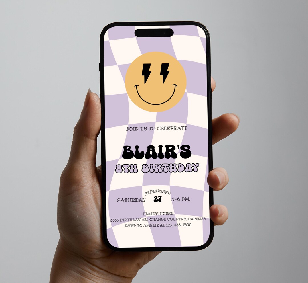 Smiley Face Text Message Invitation Any Age, Pastel Purple Checkered ...