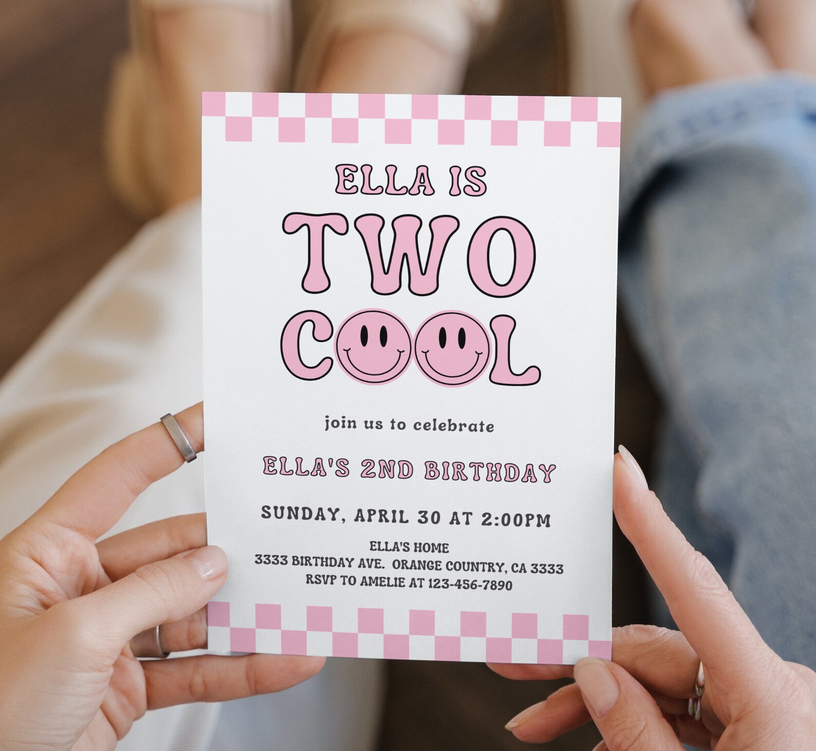 Two Cool Invitation for Girl Happy Face Invite Checkered Invitation ...