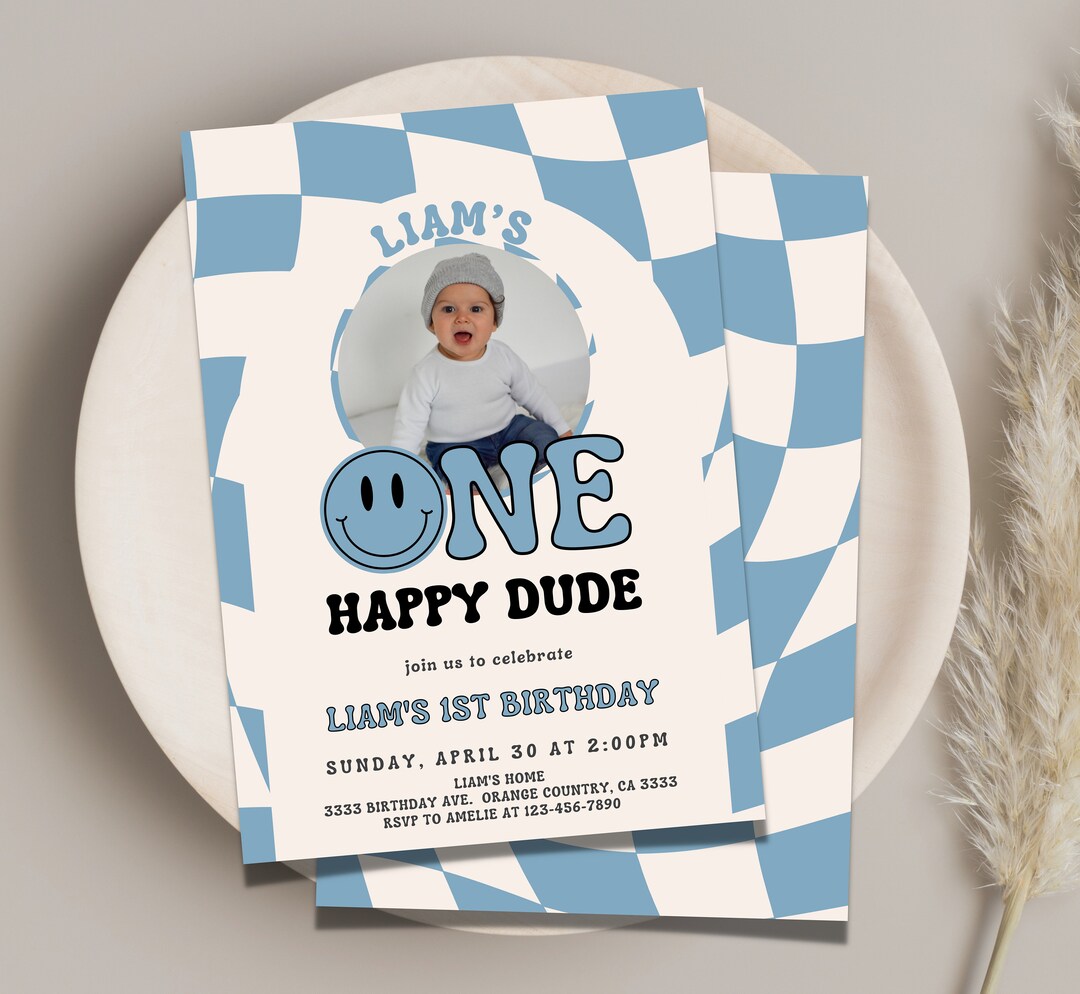 One Happy Dude Birthday Invitation, Checkered Birthday Invitation, 1st ...