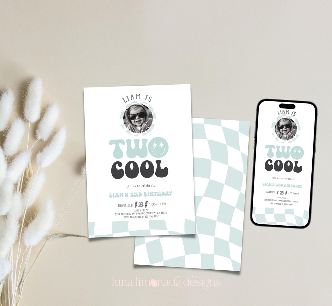 Two Cool Invitation, Checkered 2nd Birthday Invitation, Editable Smile ...