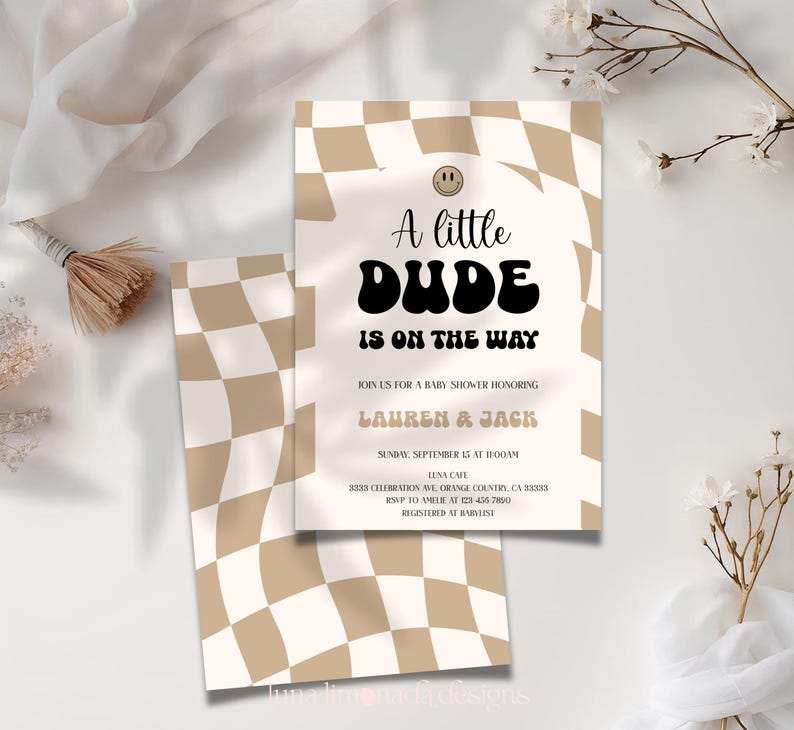 Little Dude Baby Shower Invitation Bundle, Tan Brown Checkered Retro ...