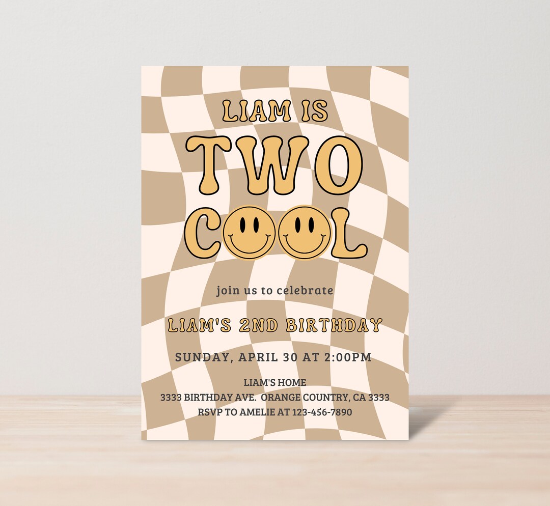 Two Cool Invitation for Boy Happy Face Invite Checkered - Etsy
