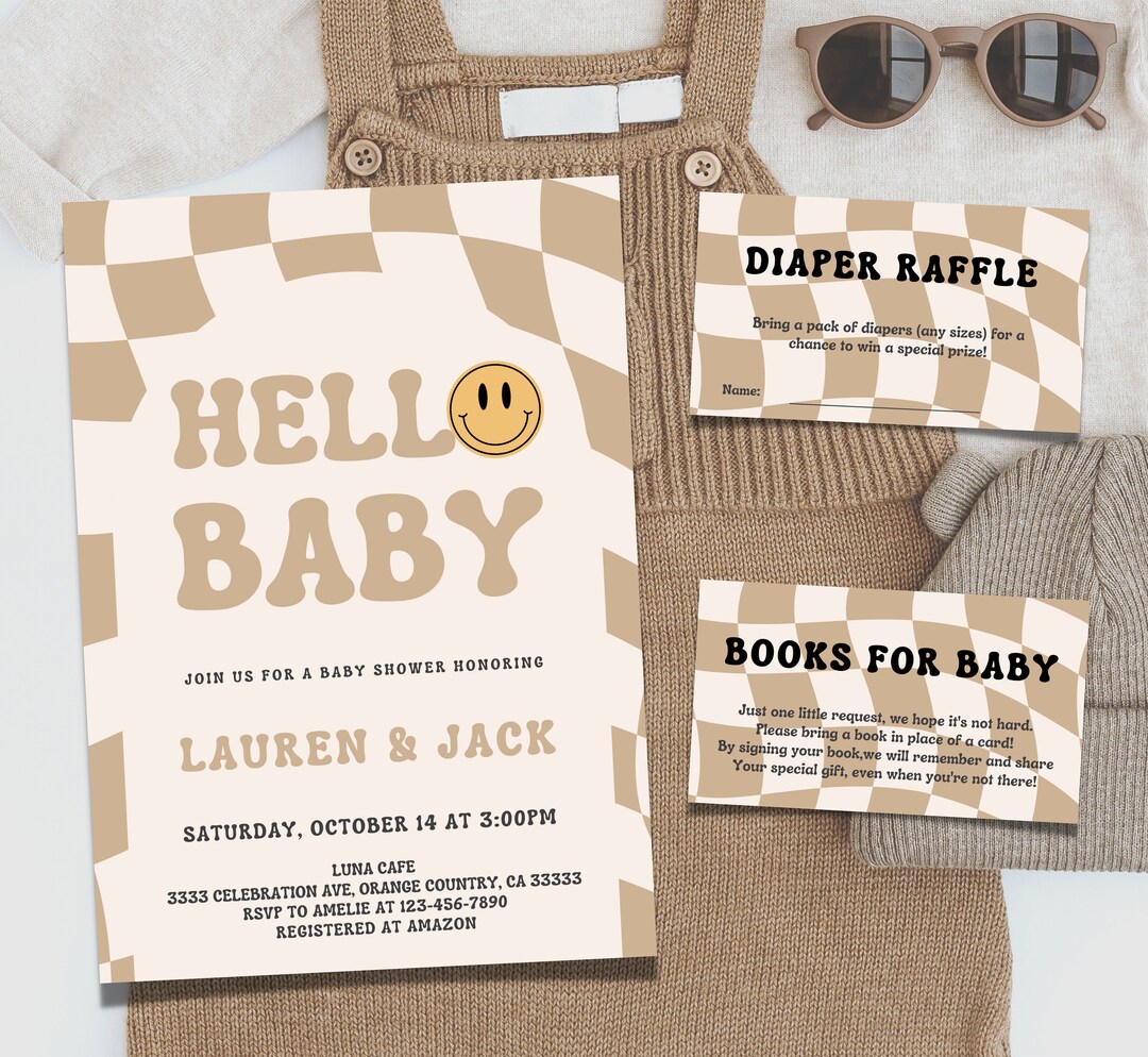 Hello Baby Invitation Smile Face Checkered Baby Shower Invitation ...