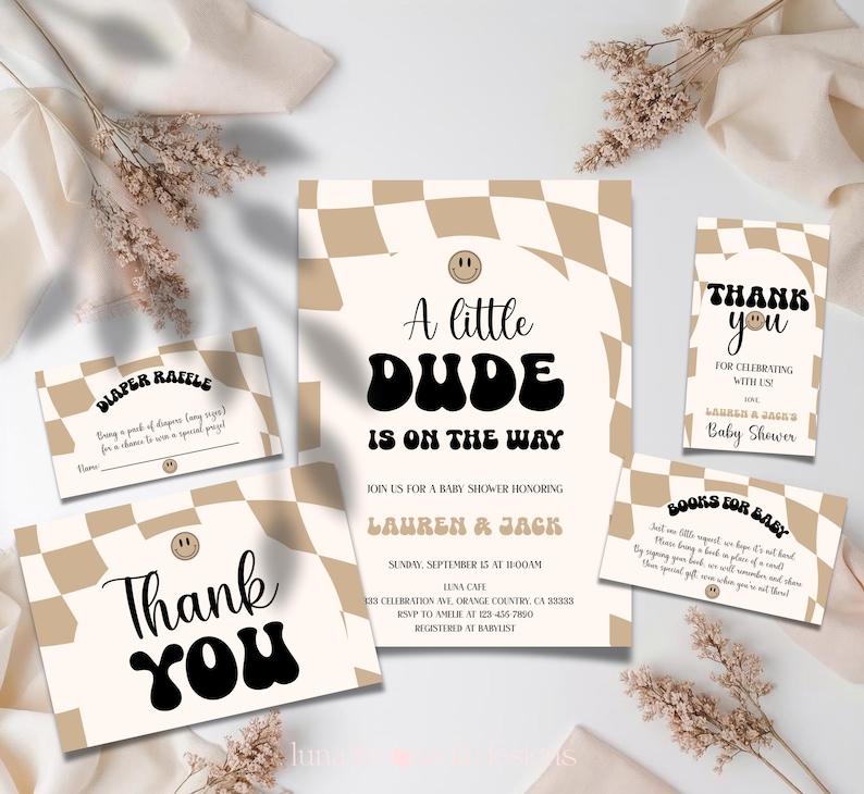 Little Dude Baby Shower Invitation Bundle, Tan Brown Checkered Retro ...