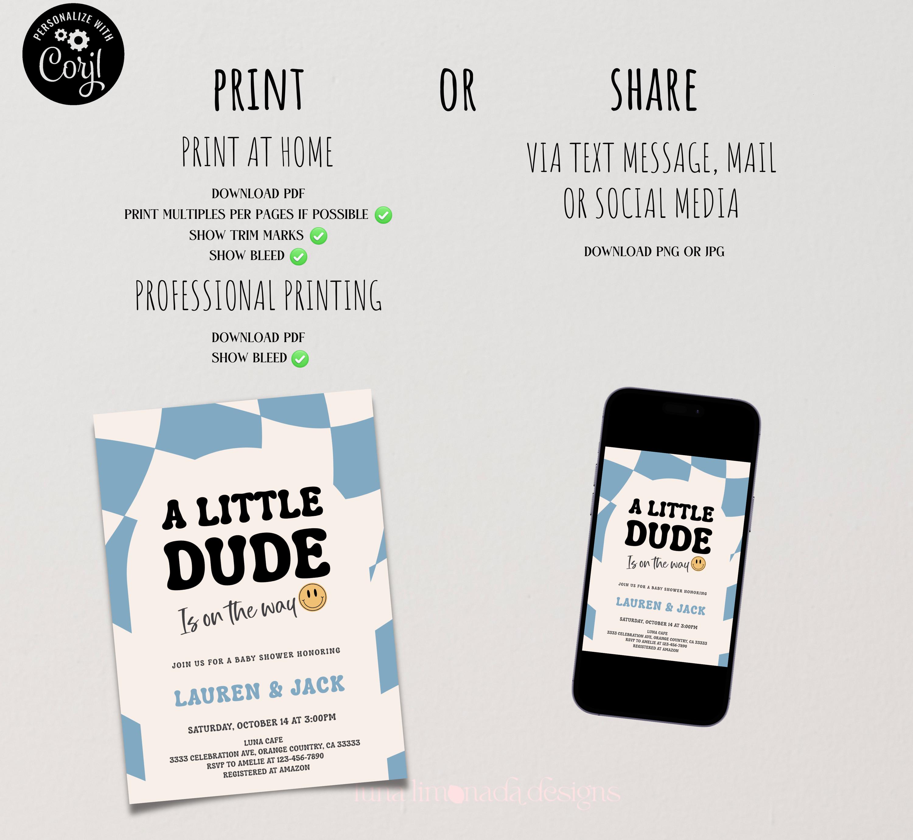Little Dude Baby Shower Invitation Bundle: Checkered Design Rustic Blue ...