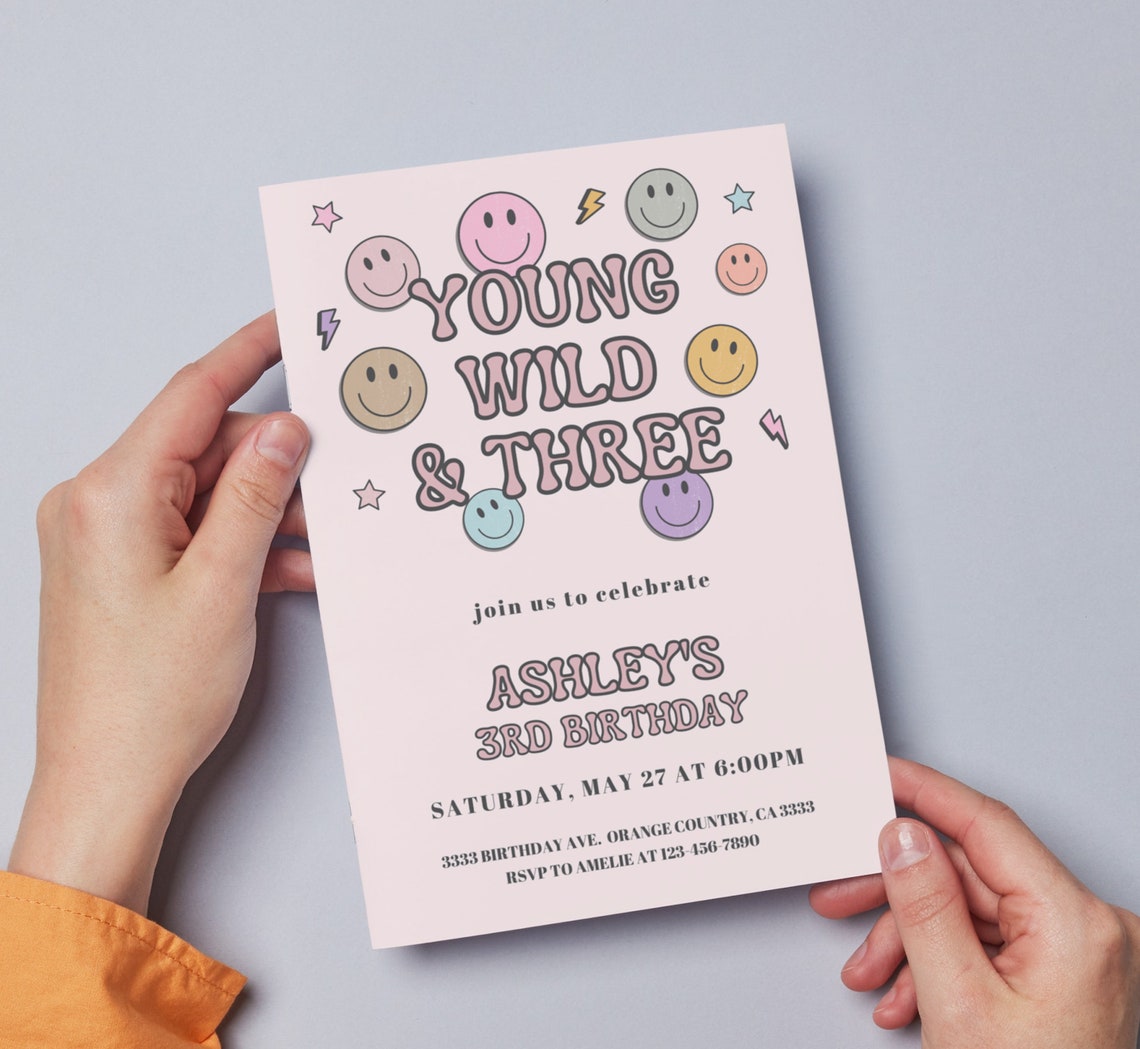 Smiley Face 3rd Birthday Invitation: Editable Template (digital ...