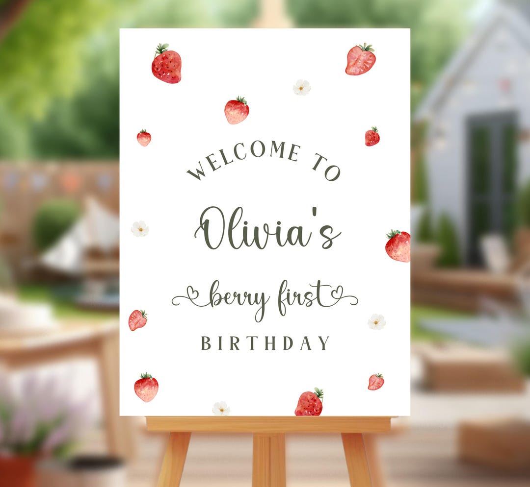 EDITABLE Berry First Welcome Sign, Modern Strawberry Welcome Sign ...