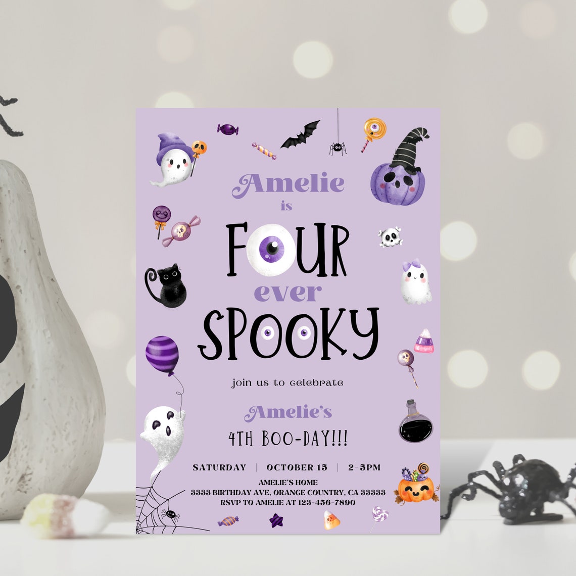 Four Ever Spooky Birthday Invitation, Purple Halloween 4th Birthday ...