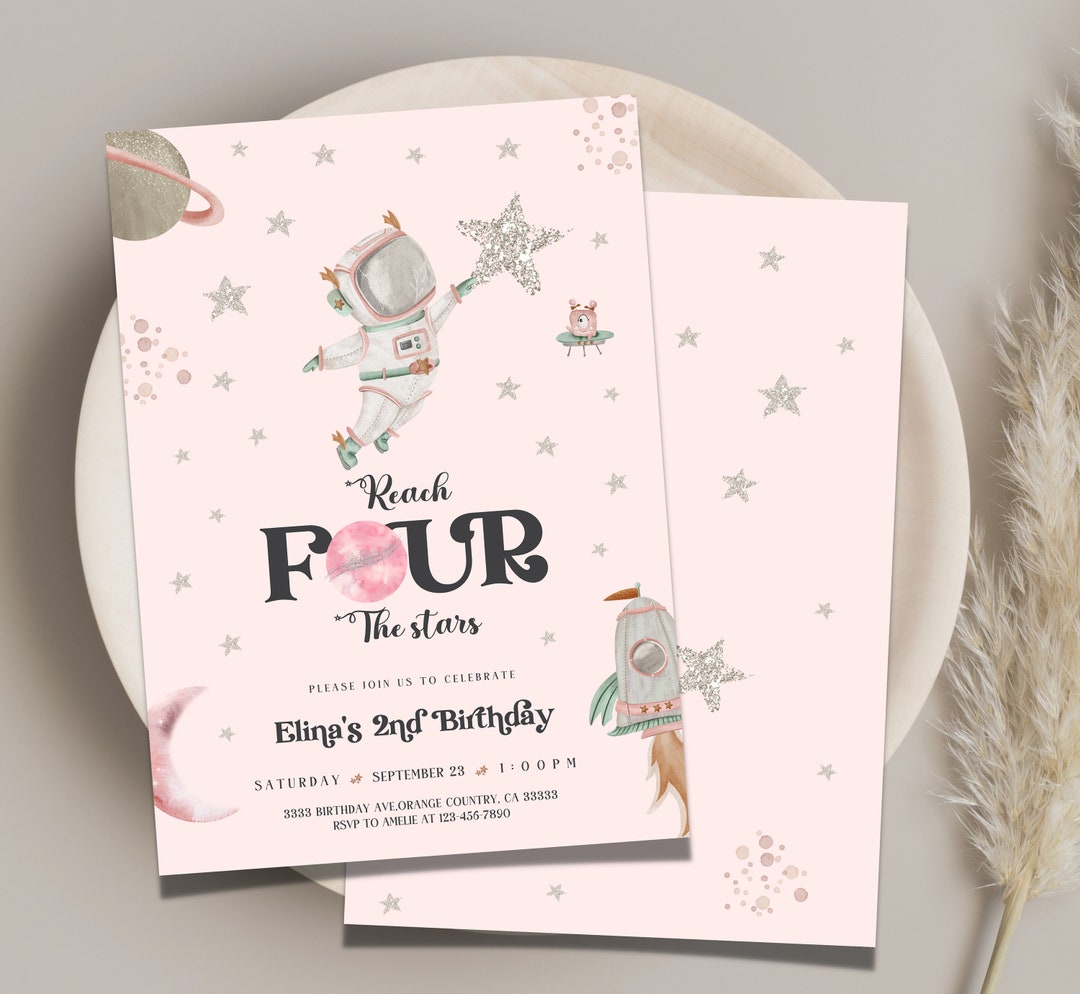 Reach Four the Stars Invitation, Outer Space 4th Birthday Invitation ...