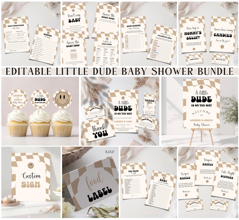 Little Dude Baby Shower Invitation Bundle, Tan Brown Checkered Retro ...