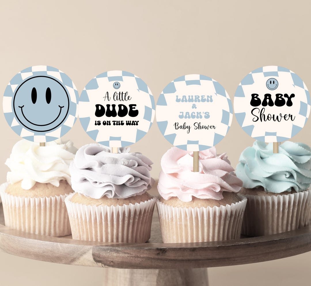 Little Dude Baby Shower Cupcake Toppers, Checkered Baby Shower Cupcake ...