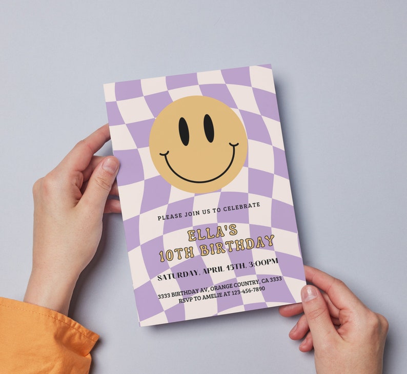 Smiley Face Invitation, Smiley Birthday Invite, Pastel Purple Checkered ...