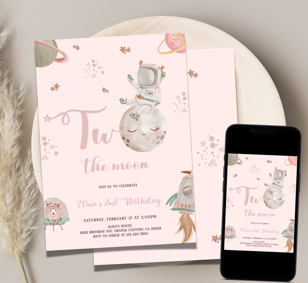 Editable Two the Moon Invitation Girl Outer Space 2nd Birthday ...