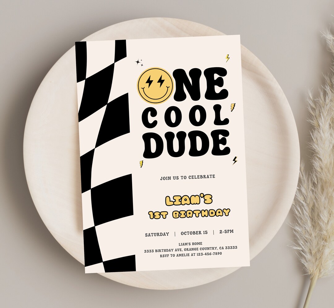 One Cool Dude Birthday Invitation Smiley Checkered Birthday Invitation ...