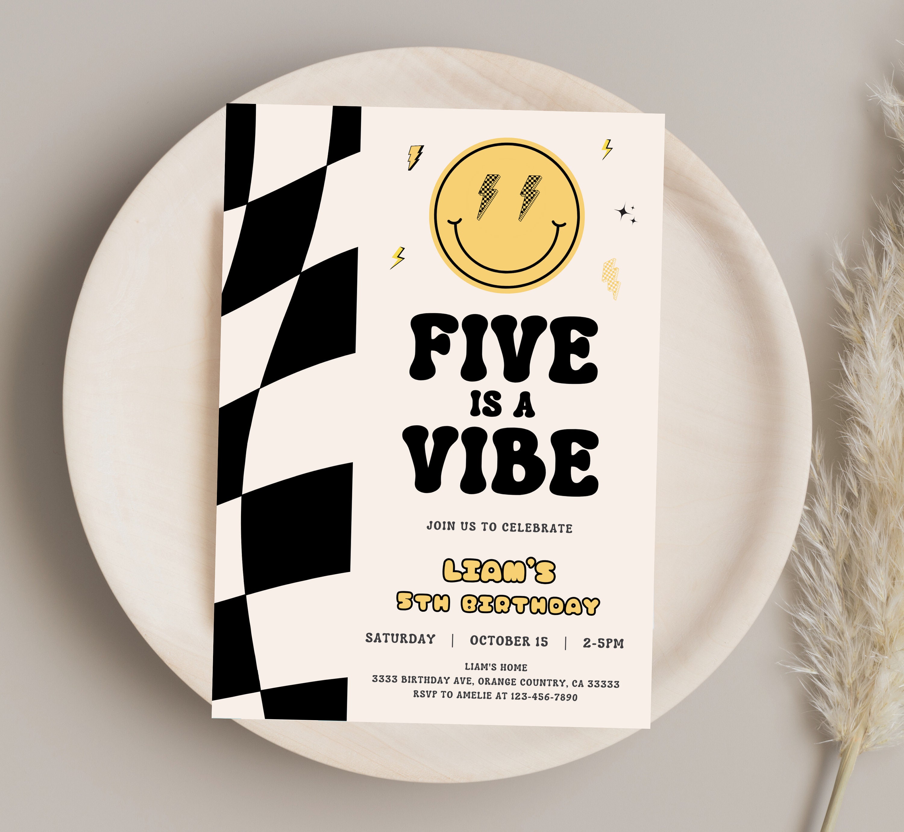 Five is a Vibe Invitation Smiley 5th Birthday Invitation Personalised ...