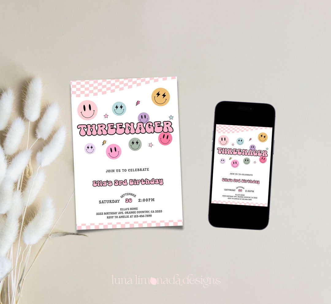Threenager Birthday Invitation, Smile 3rd Birthday Invitation, Editable ...