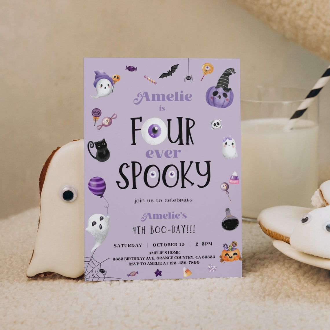 Four Ever Spooky Birthday Invitation, Purple Halloween 4th Birthday ...