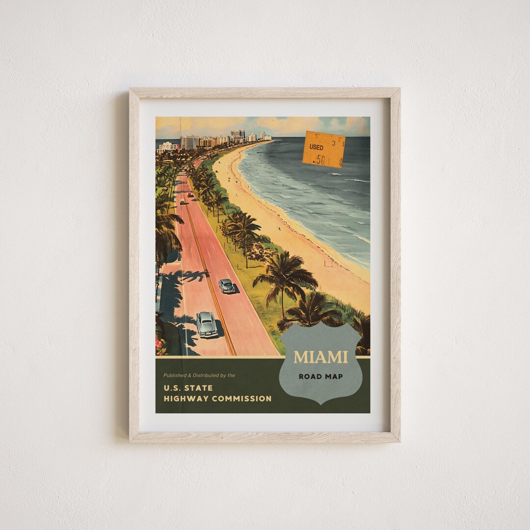 Retro Miami Florida Road Map Digital Art Print, Vintage U.S. State ...