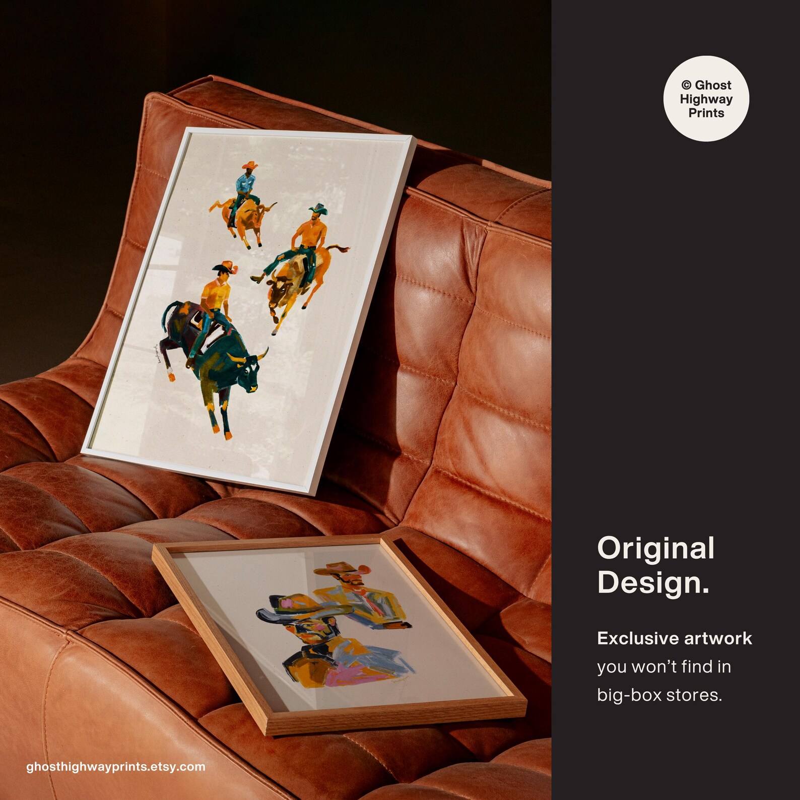 Set of Two Abstract Western Art Prints, Colorful Cowboy Rodeo ...