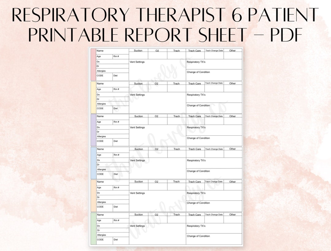 Respiratory Therapist 6 Patient Report Sheet - PDF - Printable - Color ...