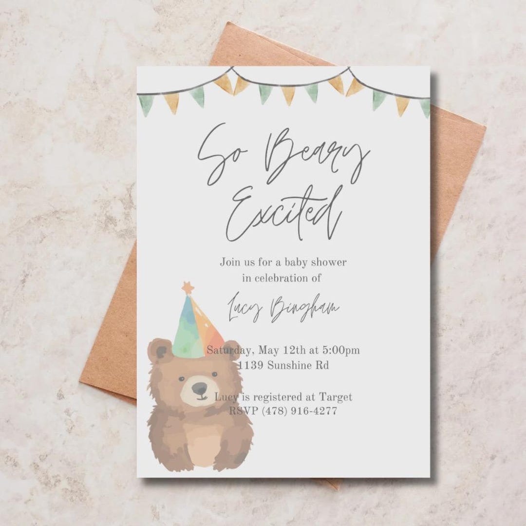 So Beary Excited Editable Invitation, Bear-themed, Simple Invitation ...