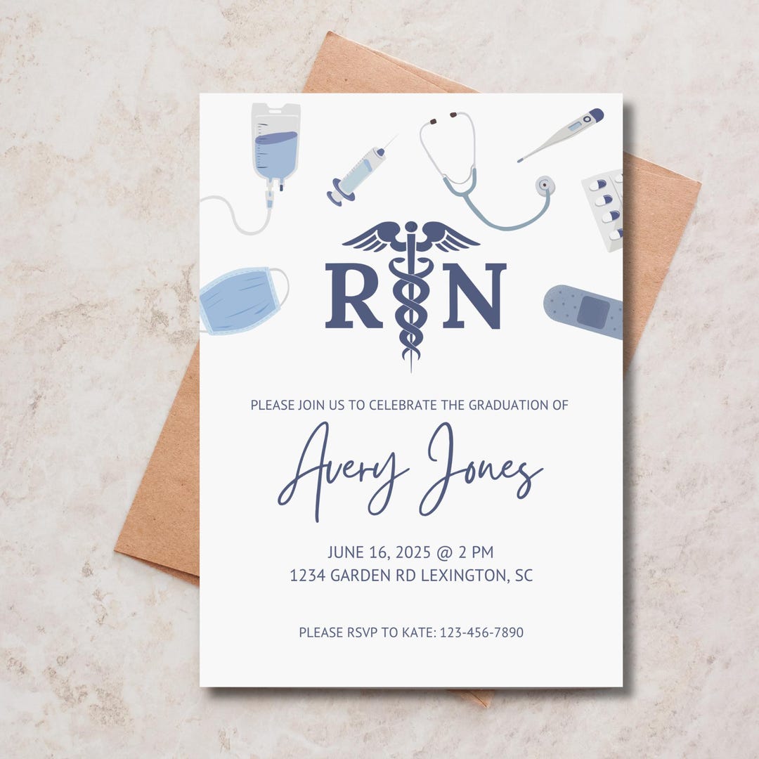 Blue Nursing Graduation Invitation, Medical Graduation, RN, MD, LVN ...