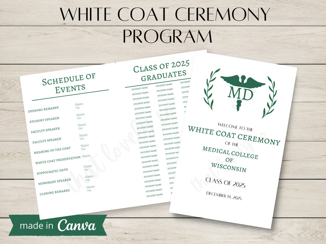 White Coat Ceremony Program Template, Editable, Programs for Medical ...