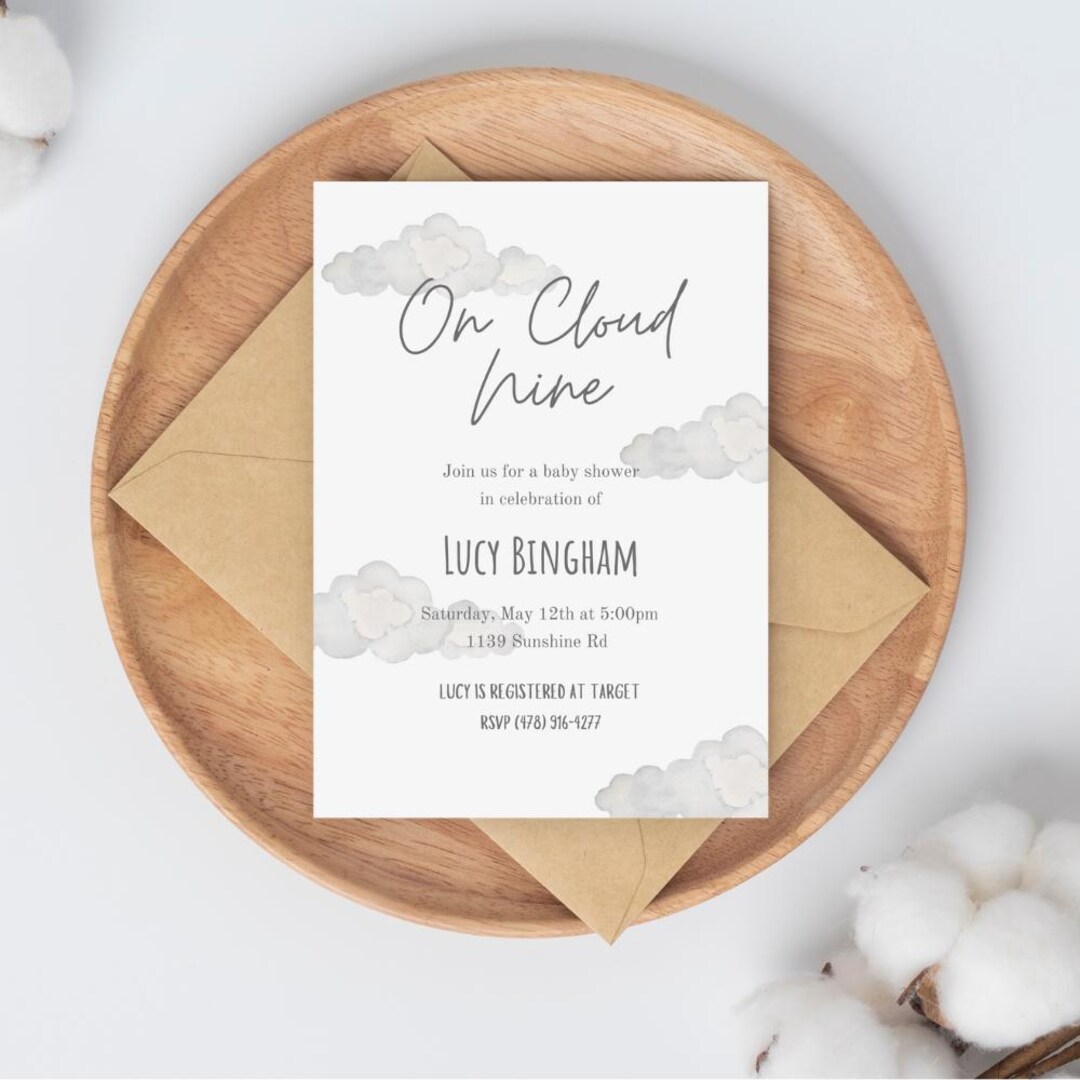 On Cloud Nine Baby Shower Invitation, Cloud Invite, Simple Invitation ...