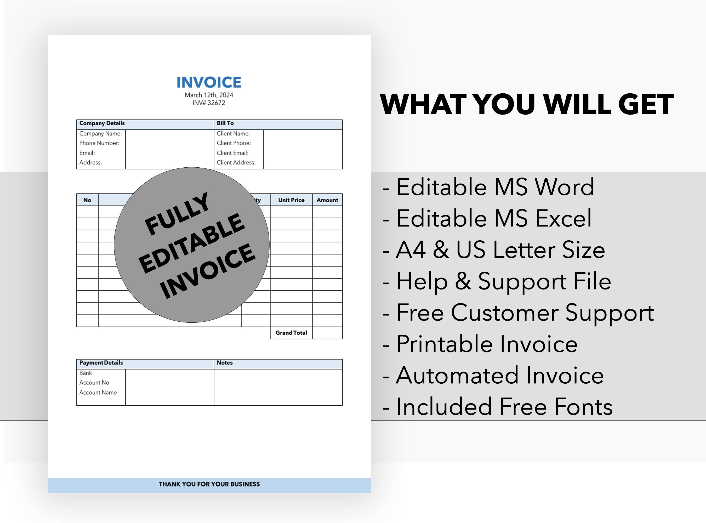 Editable Invoice Template Word, Business Invoice Template Word ...