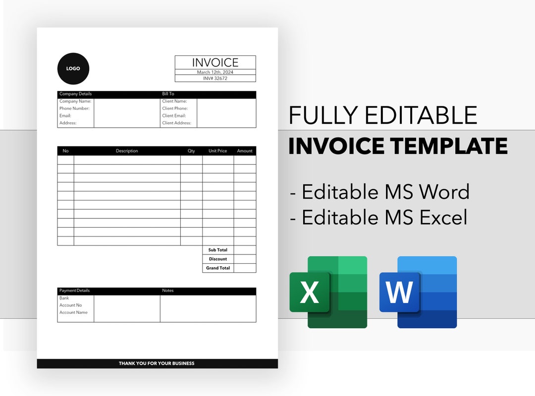 Small Business Invoice Template Word Microsoft Excel | Editable Invoice ...