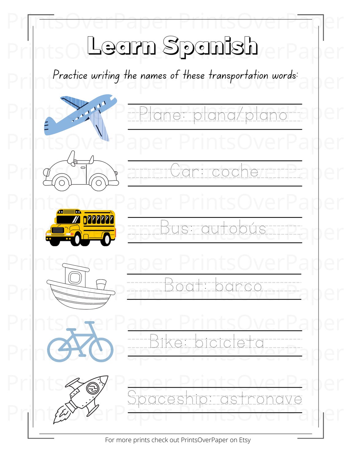 Learn Spanish Transportation Words, Learn Spanish Tracing the French ...