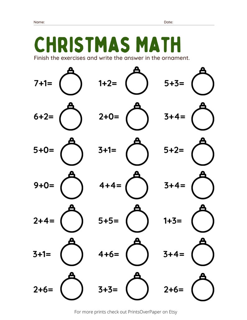 Christmas Ornament Addition Worksheet Digital Download - Etsy