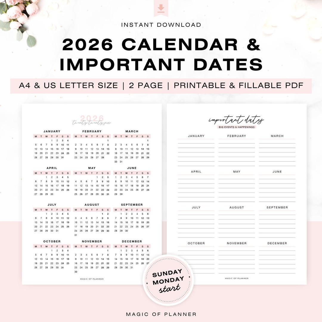 2026 Calendar and Important Dates Printable Fillable Pdf, Year at A ...