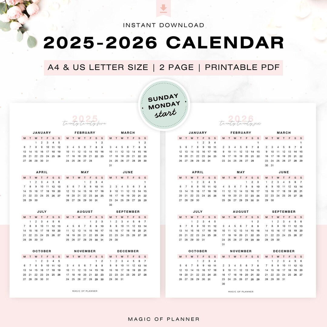 2025 2026 Pink Yearly Calendar Printable Year at A Glance, Yearly ...