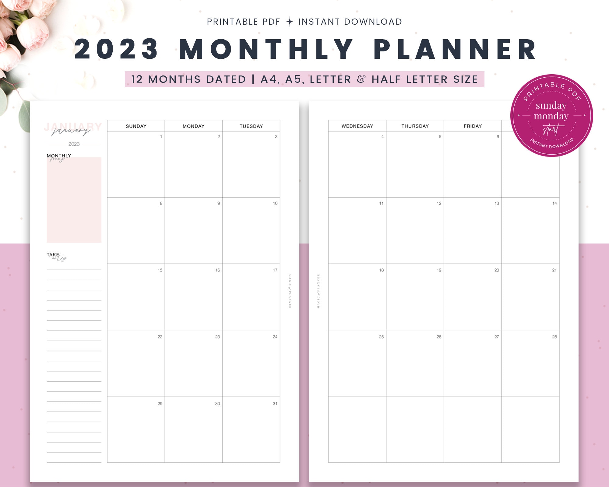 2023 Monthly Planner Printable Month on Two Pages Monthly - Etsy