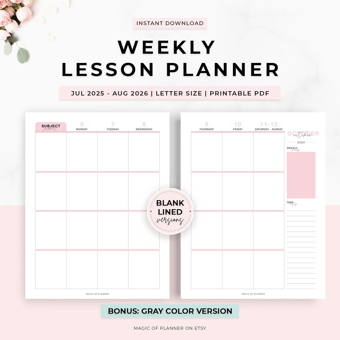 Weekly Lesson Planner Printable: Academic Teacher Organizer (PDF ...