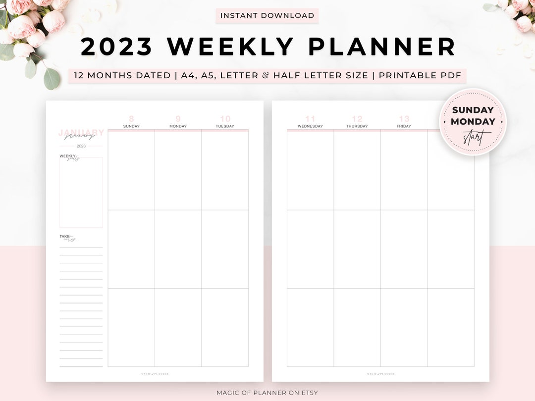 2023 Dated Weekly Planner Printable, Week on Two Page, Vertical Weekly ...