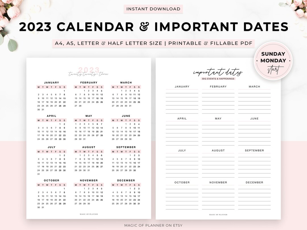2023 Calendar and Important Dates Printable, Key Dates Planner ...