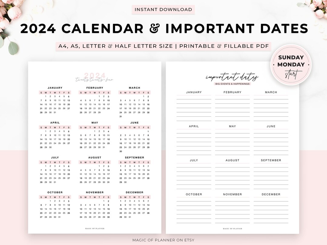 2024 Yearly Calendar and Important Dates Printable, Key Dates Planner ...