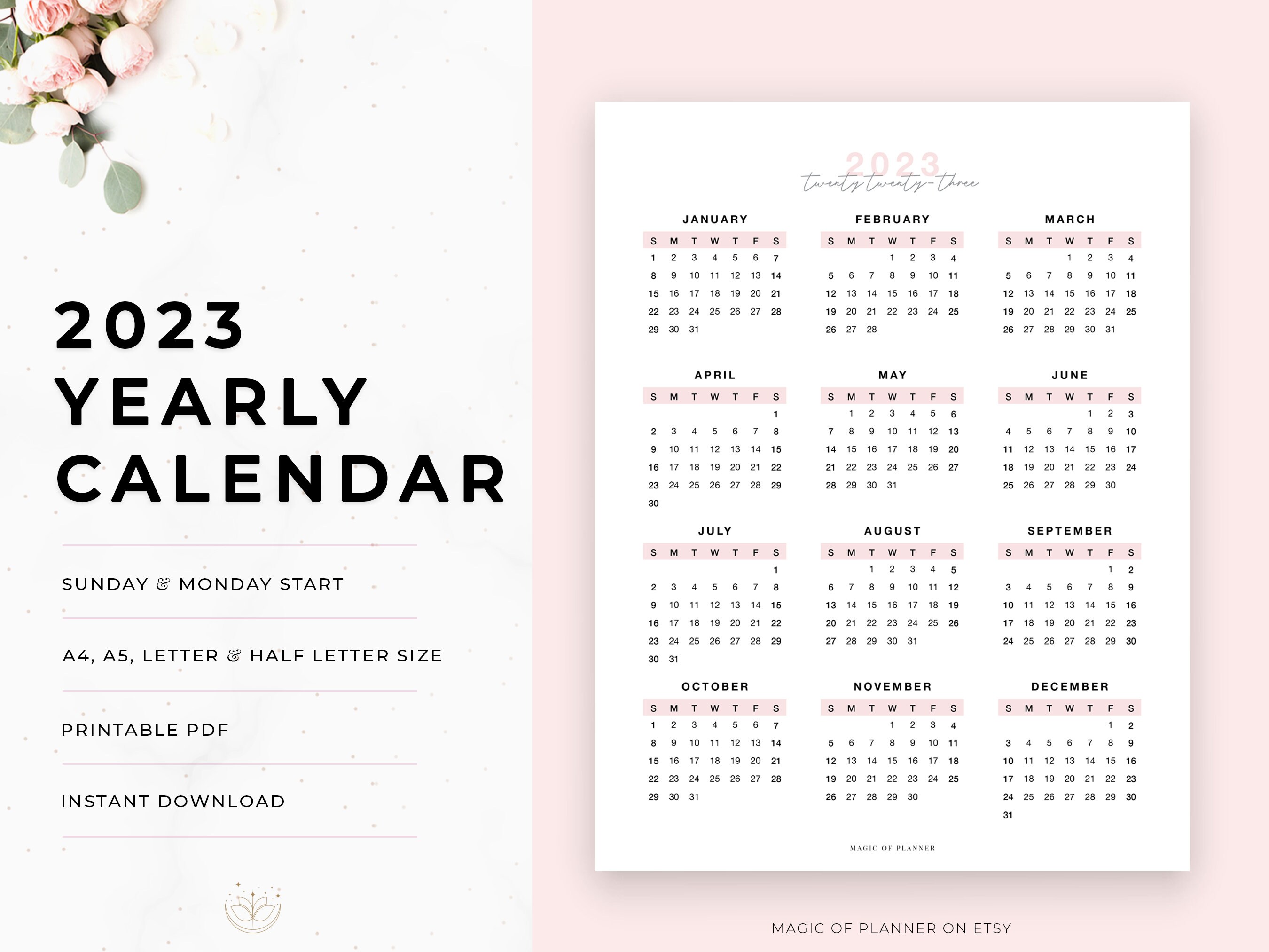 2023 Yearly Calendar Printable, Year at A Glance, Desk Calendar ...