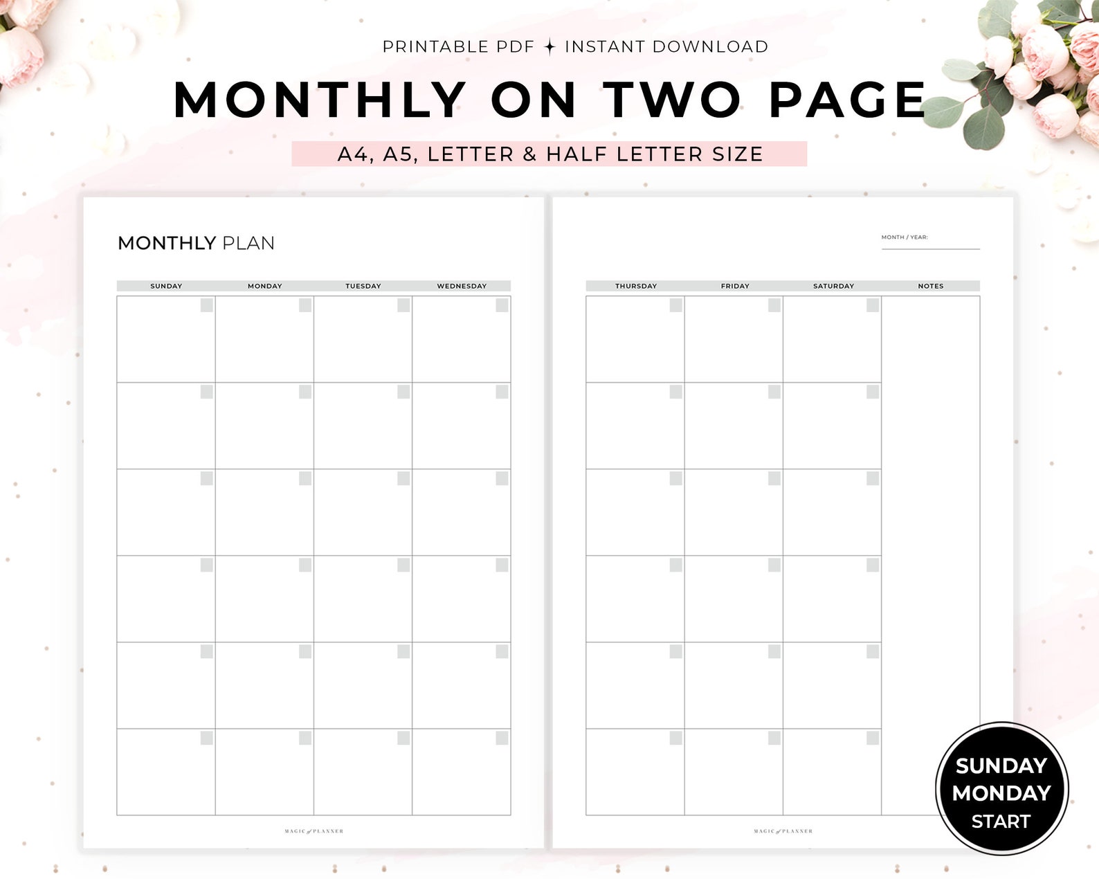 Undated Monthly Planner Printable, Month on Two Pages, Monthly Calendar ...