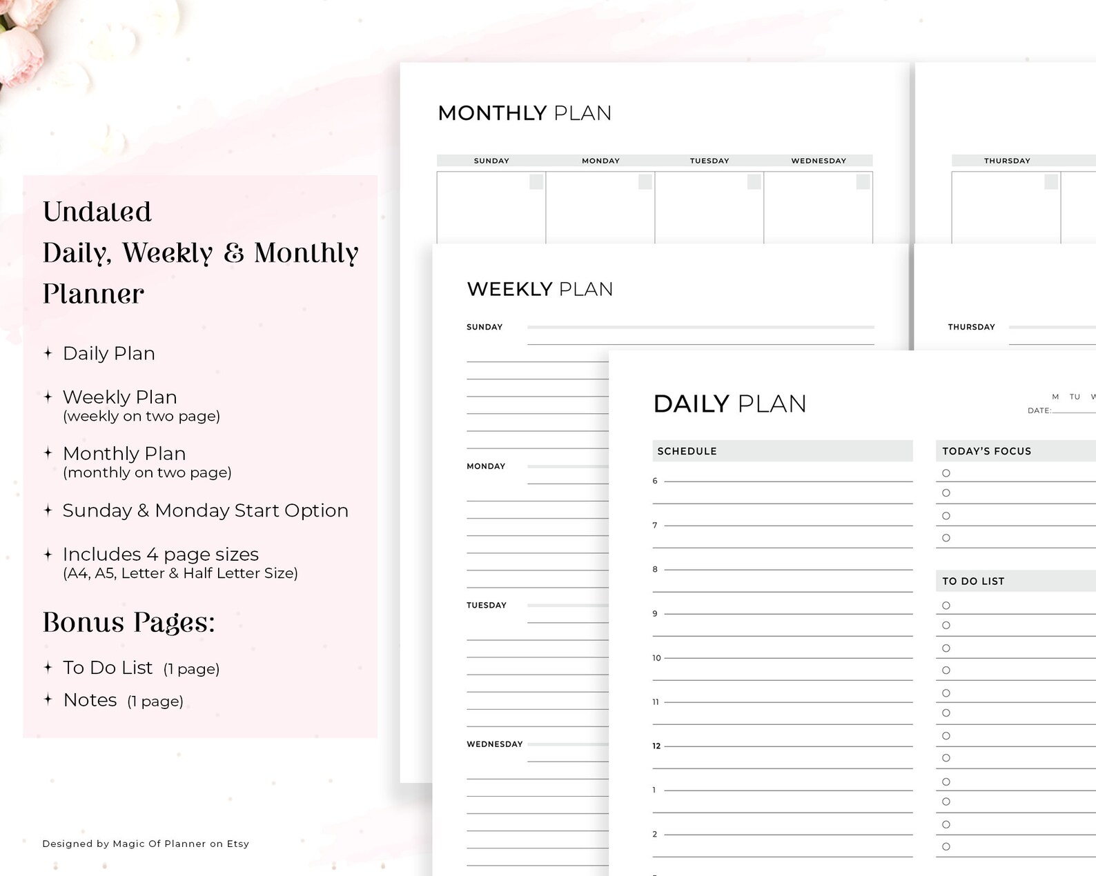 Daily, Weekly, Monthly Planner, Printable Planner Set, Undated Planner ...