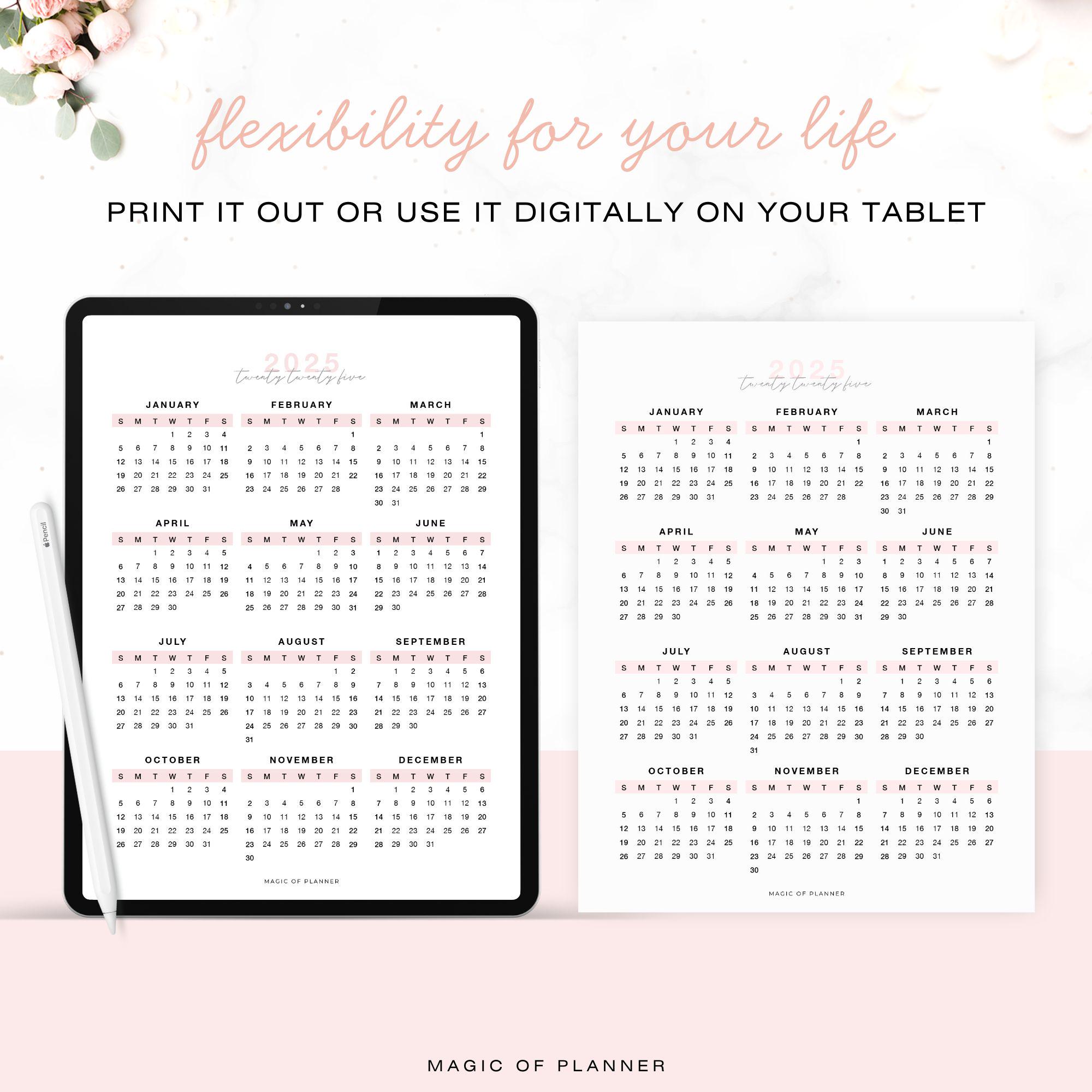 2025 Yearly Calendar Printable, Year at A Glance, Desk Calendar ...