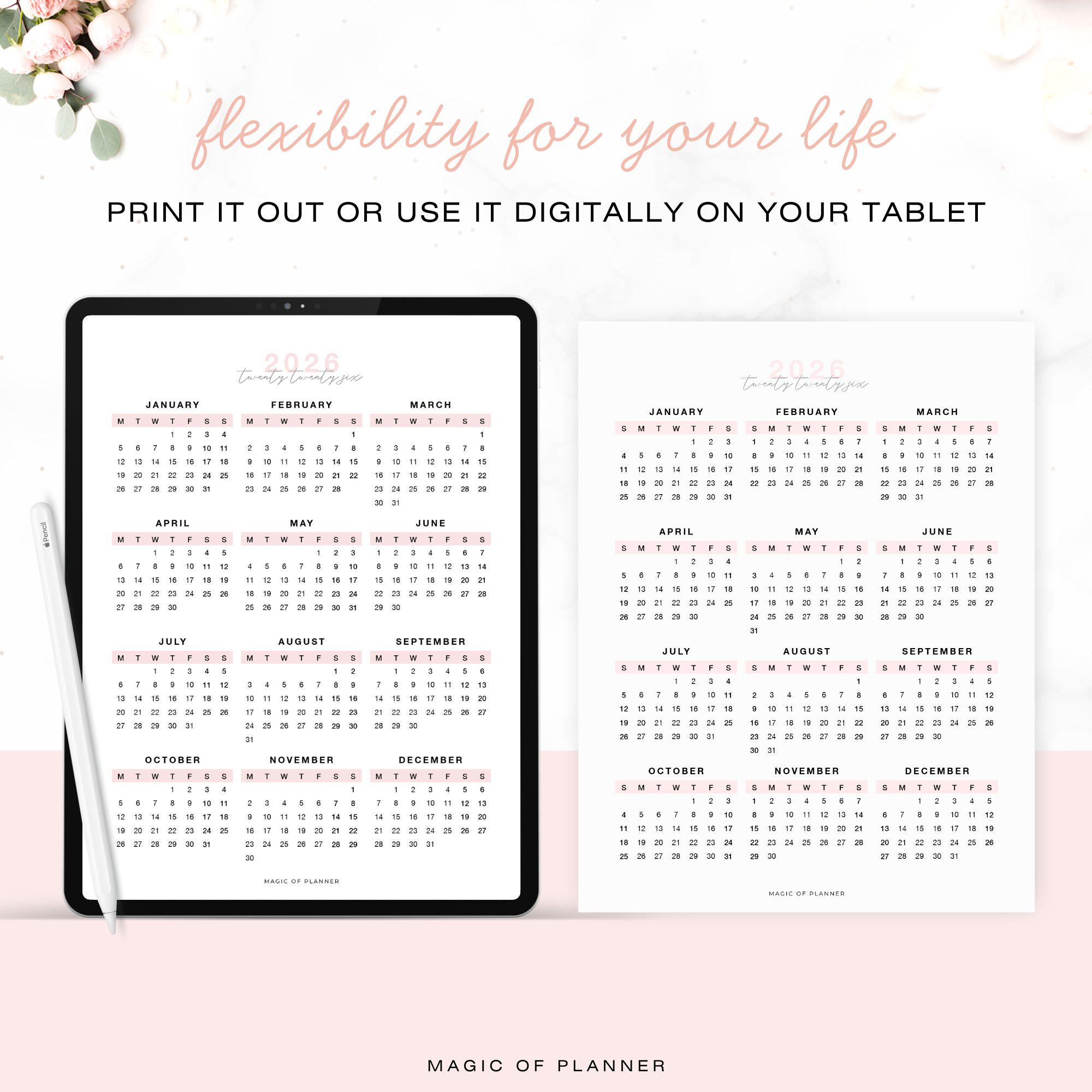 2026 Pink Yearly Calendar Printable, Year at A Glance, Desk Calendar ...