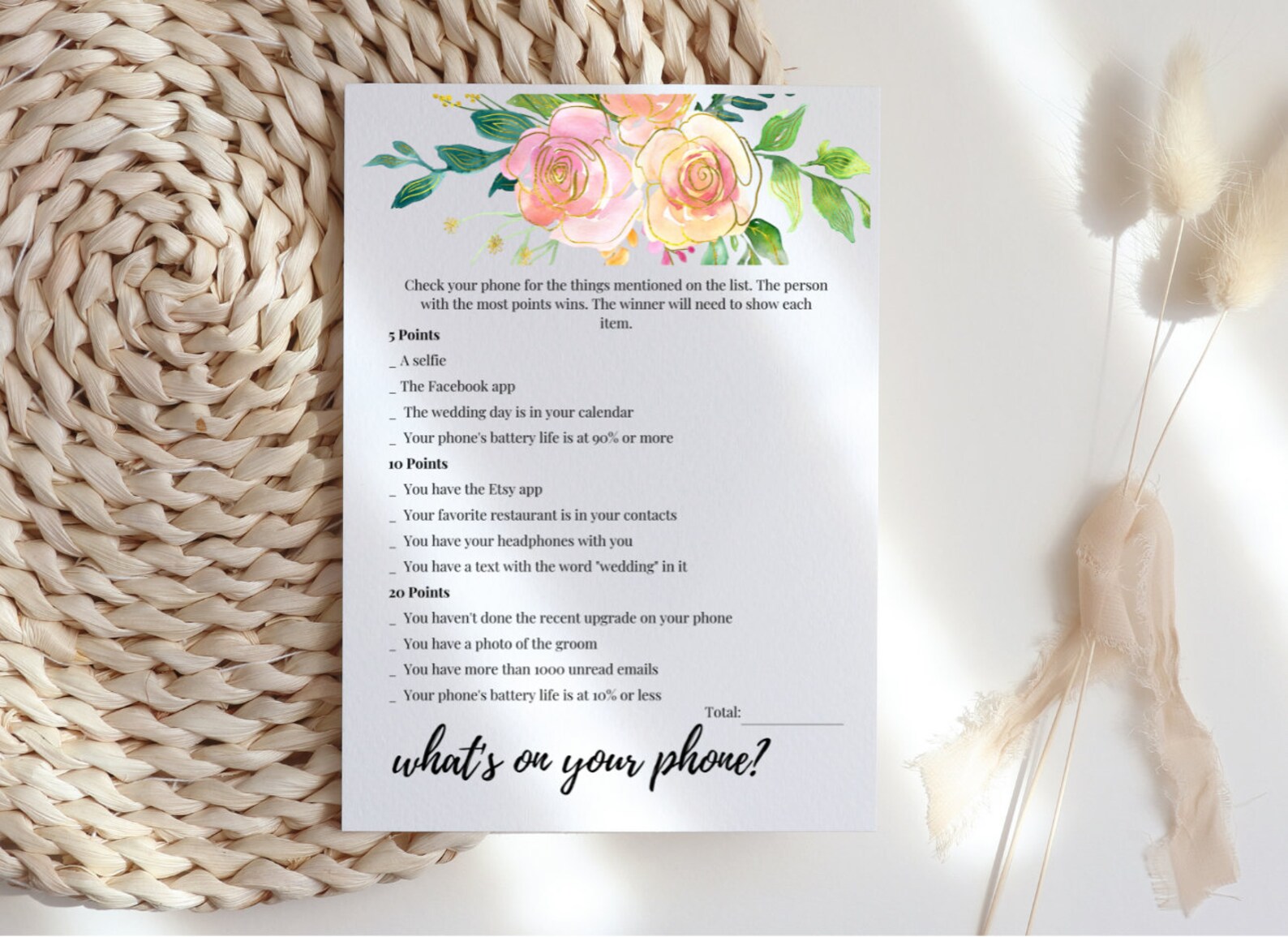 What's on Your Phone Game Pink & Gold Roses Bridal Shower Game ...