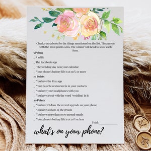 What's on Your Phone Game Pink & Gold Roses Bridal Shower Game ...