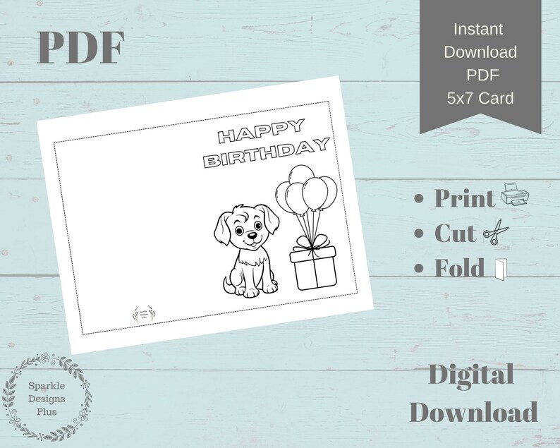 Printable Happy Birthday Puppy Coloring Greeting Card for Kids Instant ...