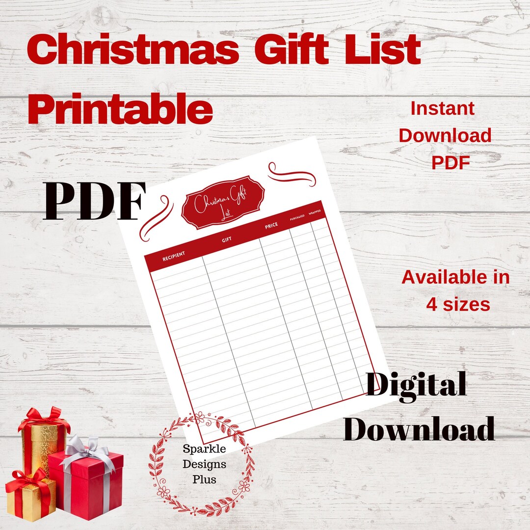 Christmas Shopping Gift List Checklist Printable PDF / 4 Sizes Included ...