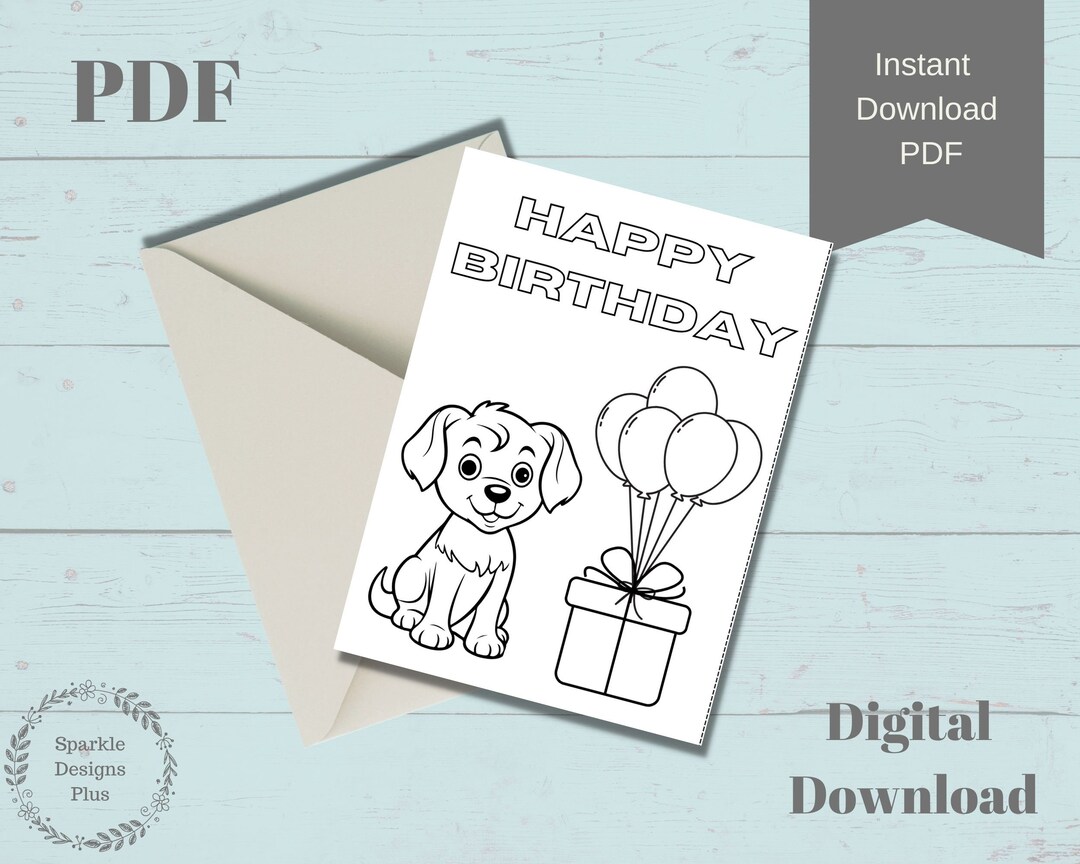 Printable Happy Birthday Puppy Coloring Greeting Card for Kids Instant ...